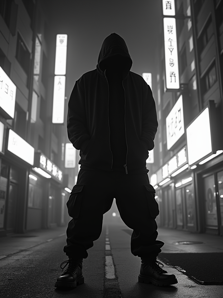 Black and white album cover, full body photo of Neon-lit 1990s rap ...