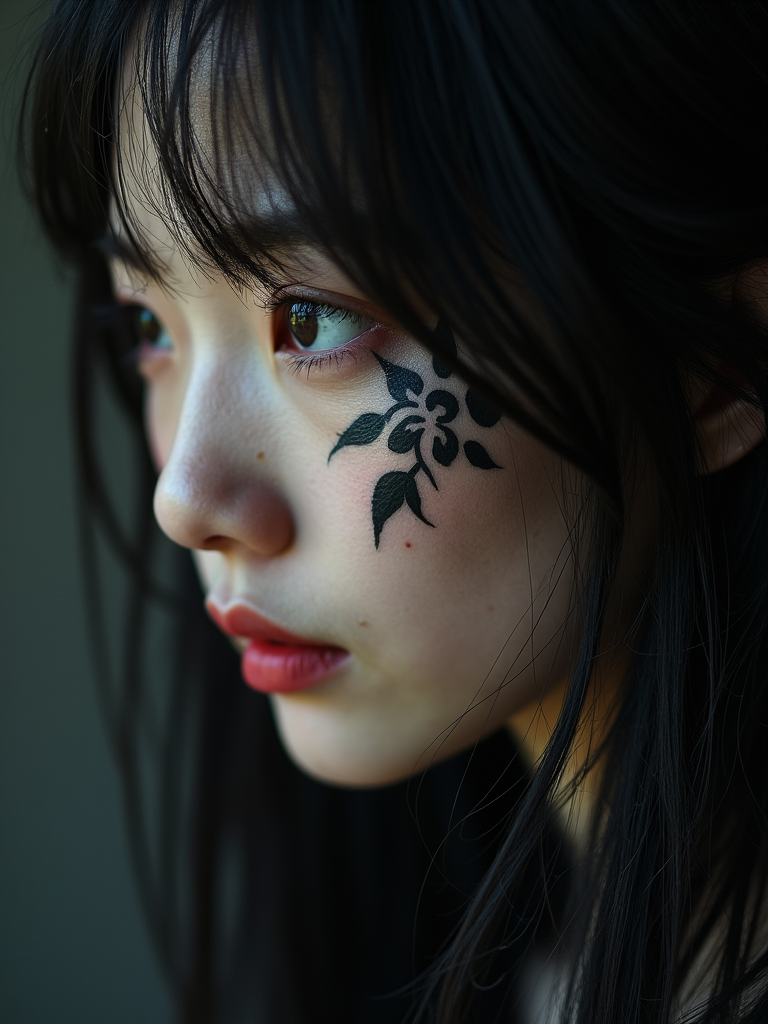 Model with a face tattoo portrait. Subtle design under the eye, gothic ...