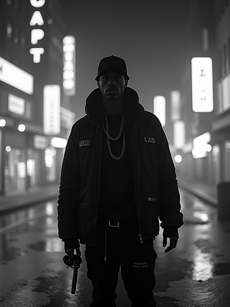Black and white album cover, full body photo of Neon-lit 1990s rap ...