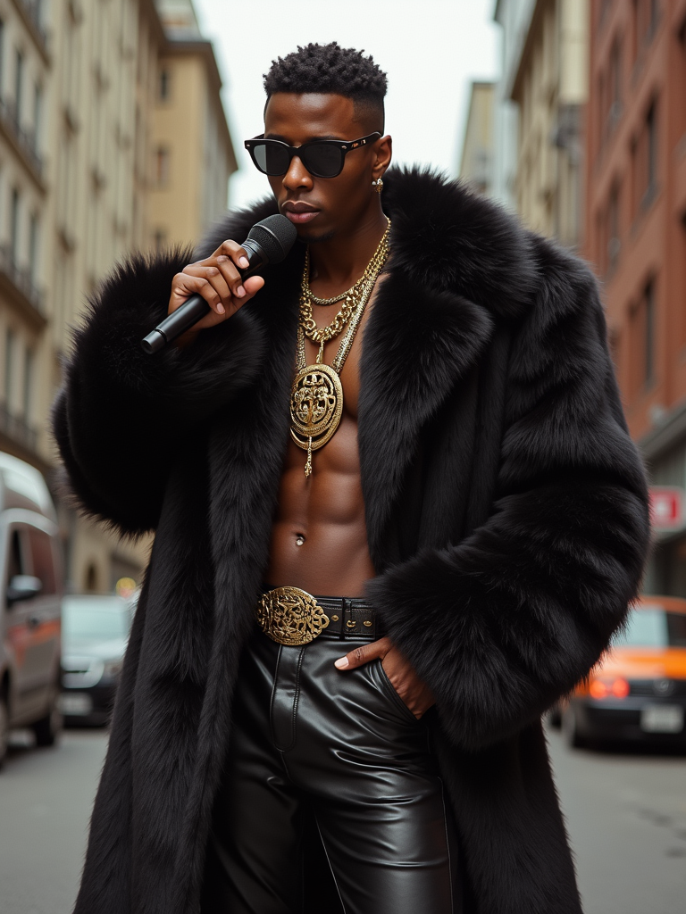 Full body photo of High-energy street 1990s rap photoshoot. Luxury fur ...