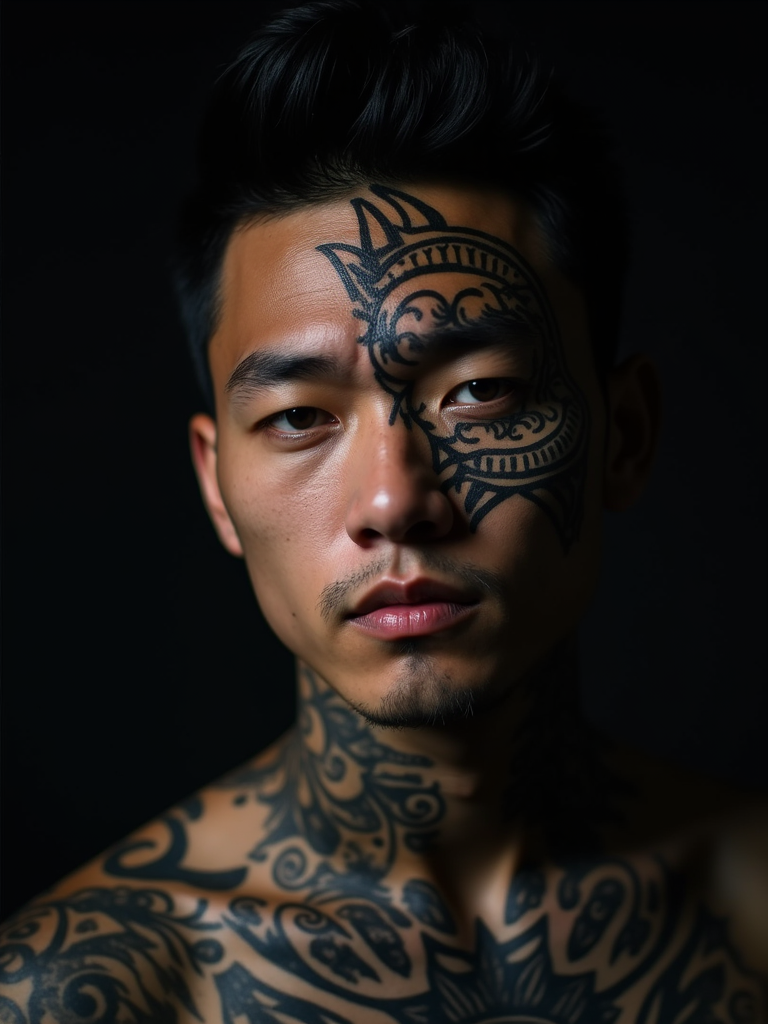 Model with a face tattoo portrait. Bold tribal-inspired face tattoo ...
