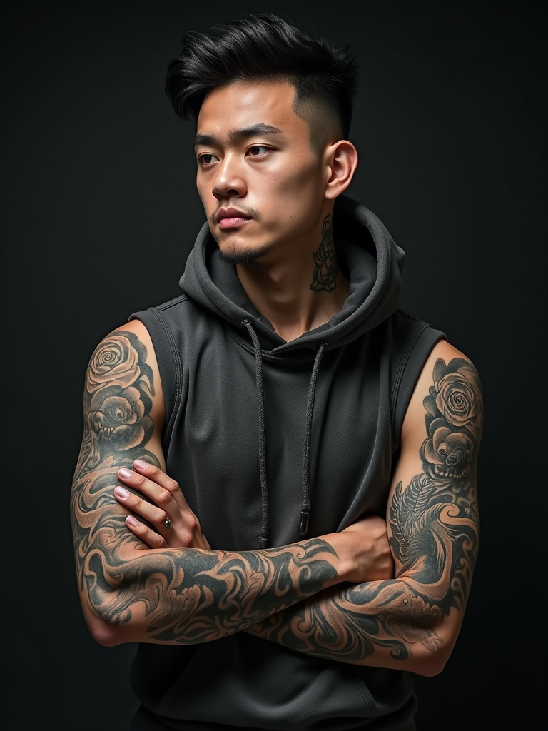 Model with a full sleeve tattoo, intricate tattoo. Wearing a sleeveless ...