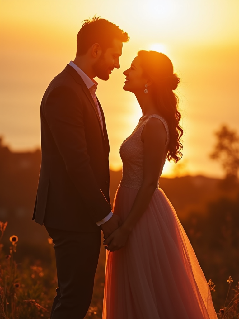Romantic pre-wedding photoshoot at golden hour. Wearing a flowing ...