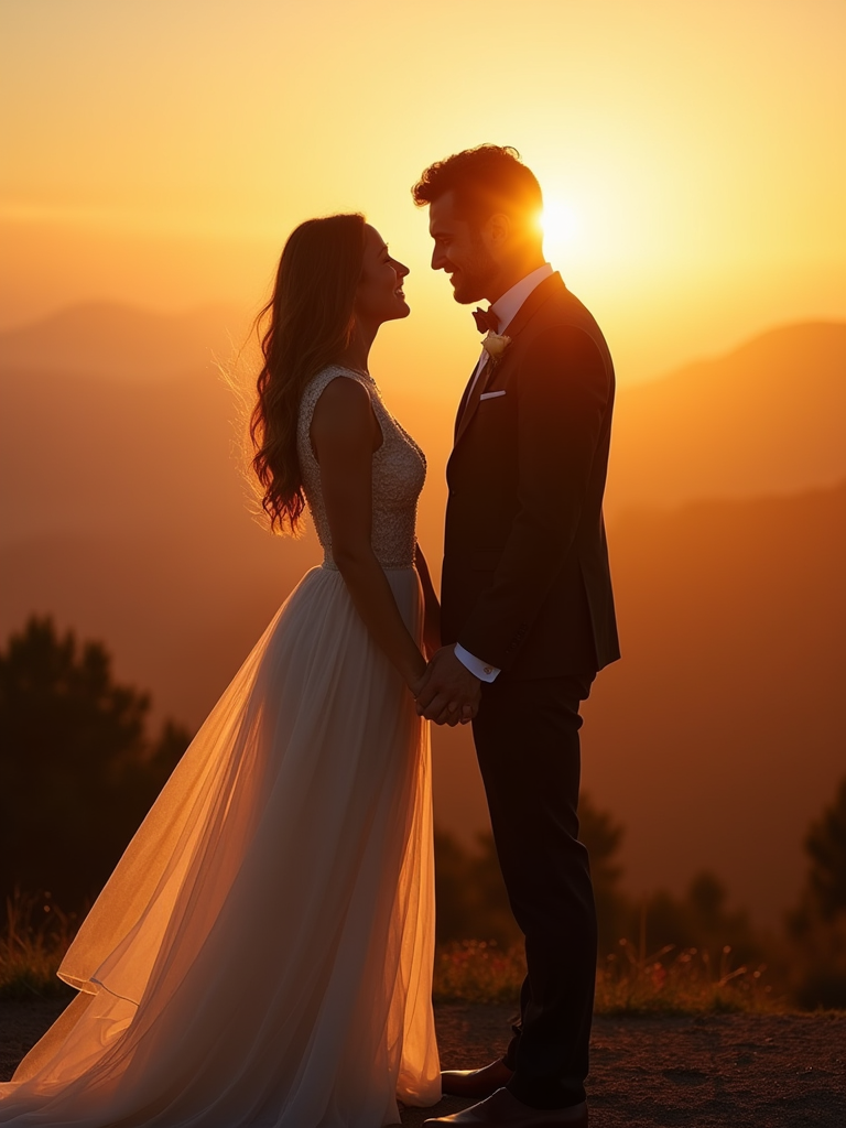 Romantic pre-wedding photoshoot at golden hour. Wearing a flowing ...