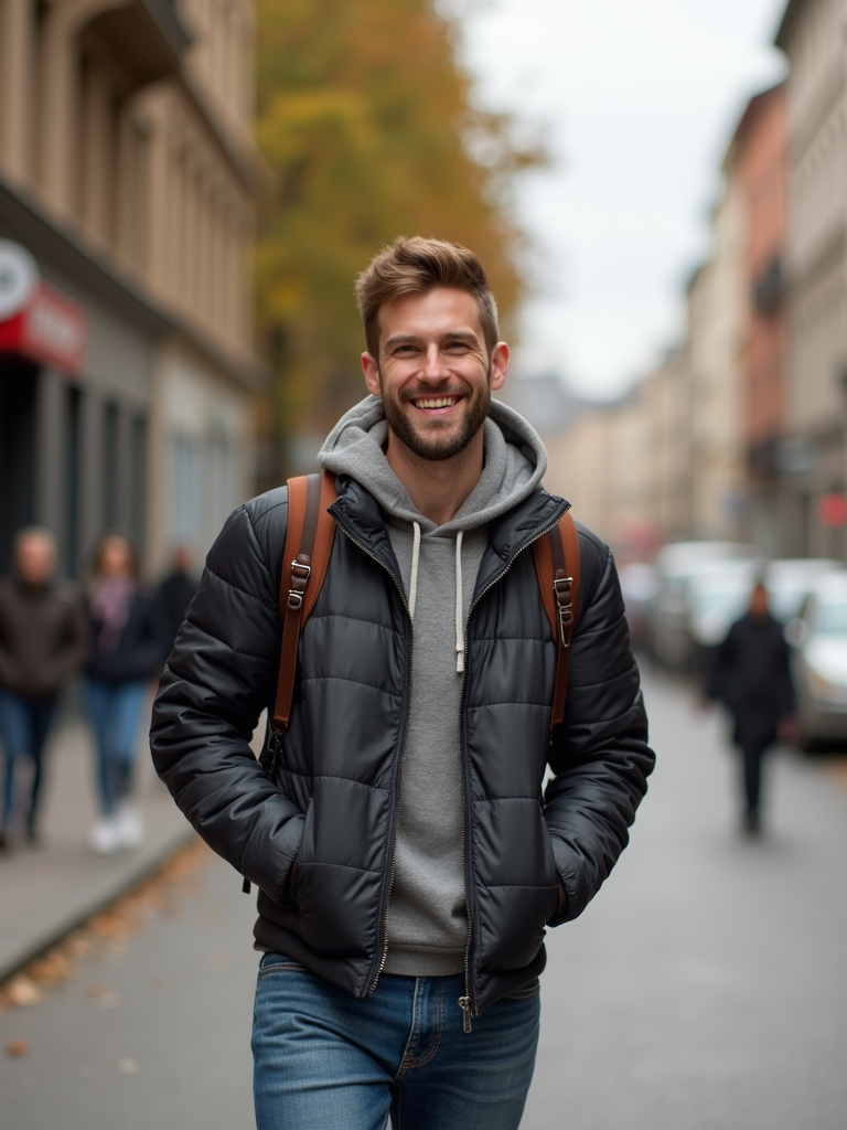 Charming masculine man dressed for a comfortable city stroll, capturing ...
