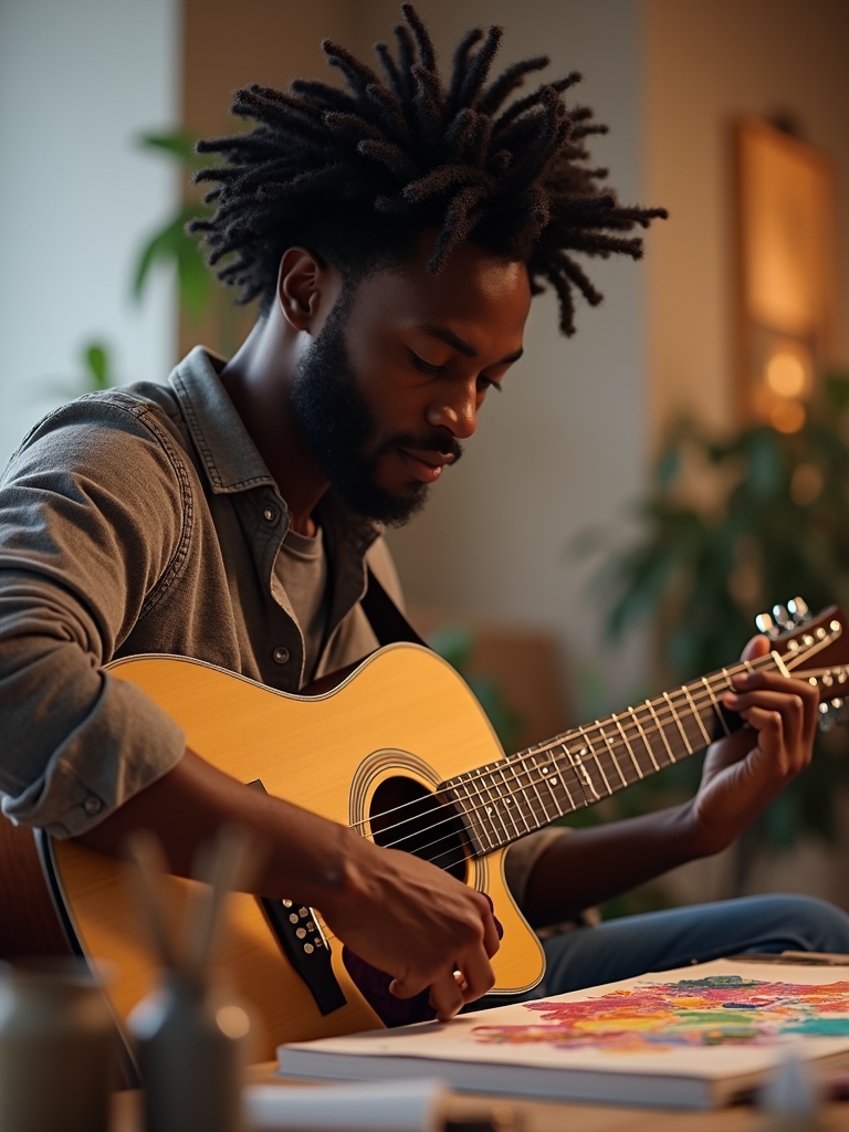 Creative masculine man practicing a personal passion—playing guitar ...