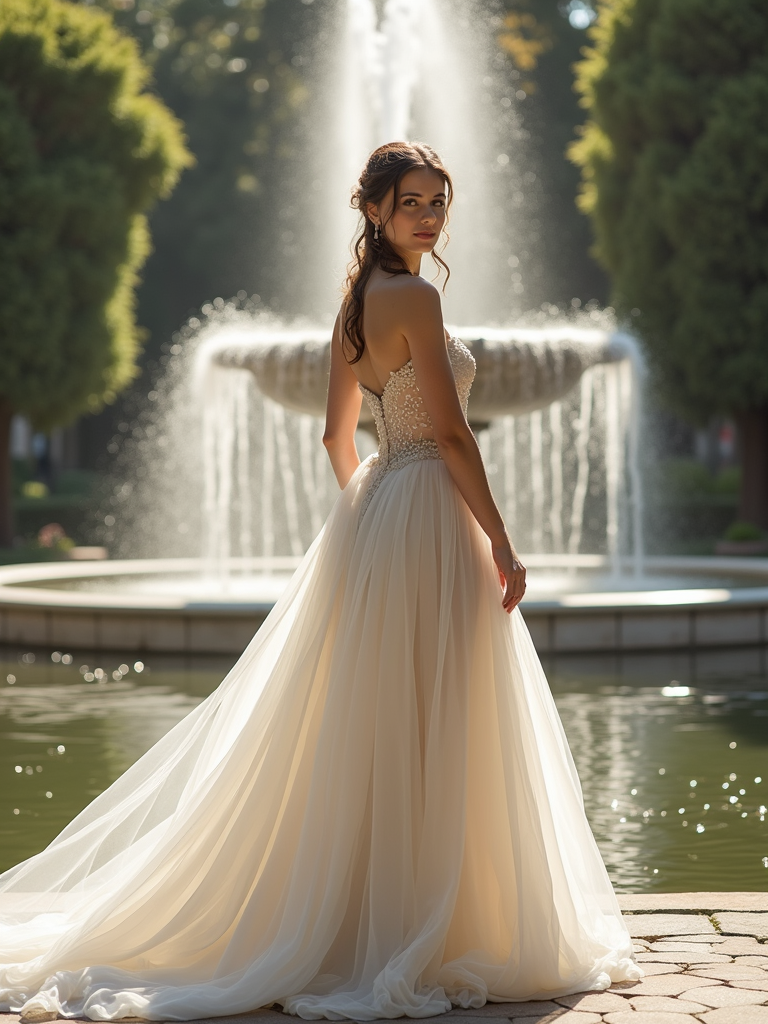 Elegant wedding pose by a fountain, cinematic wedding photography ...