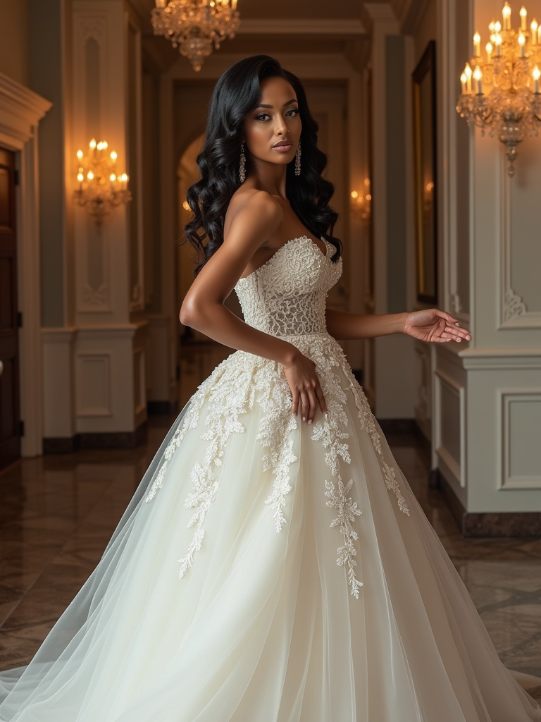 Wedding photoshoot in a luxurious ballroom setting. Model in an elegant ...