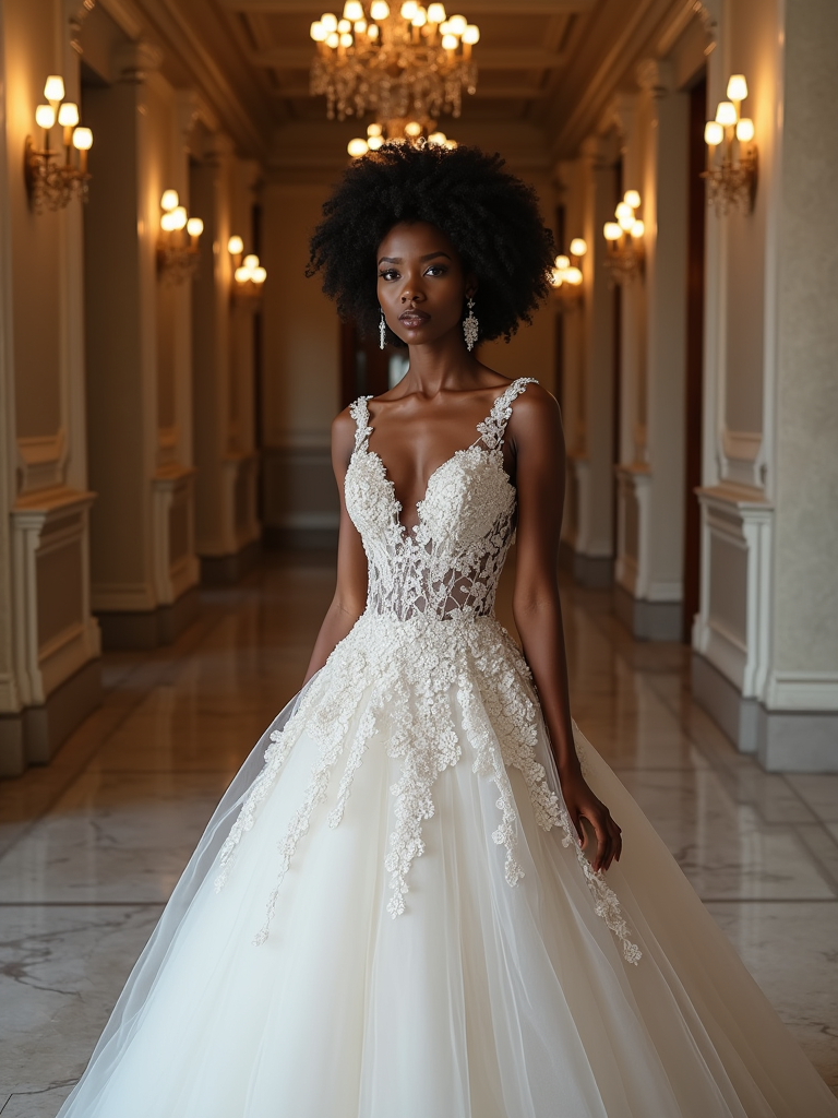 Wedding photoshoot in a luxurious ballroom setting. Model in an elegant ...