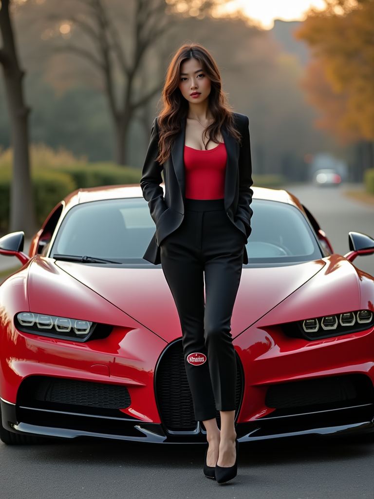 Full-body shot of a confident woman standing next to a bugatti sports ...