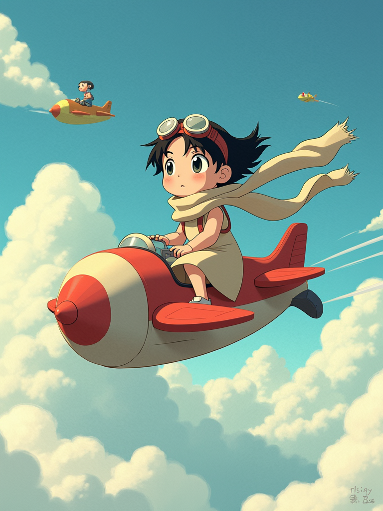 A gentle line art anime-inspired portrait aboard a flying machine, the ...