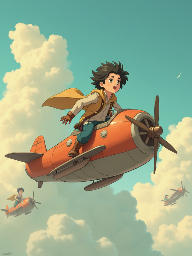 A gentle line art anime-inspired portrait aboard a flying machine, the ...