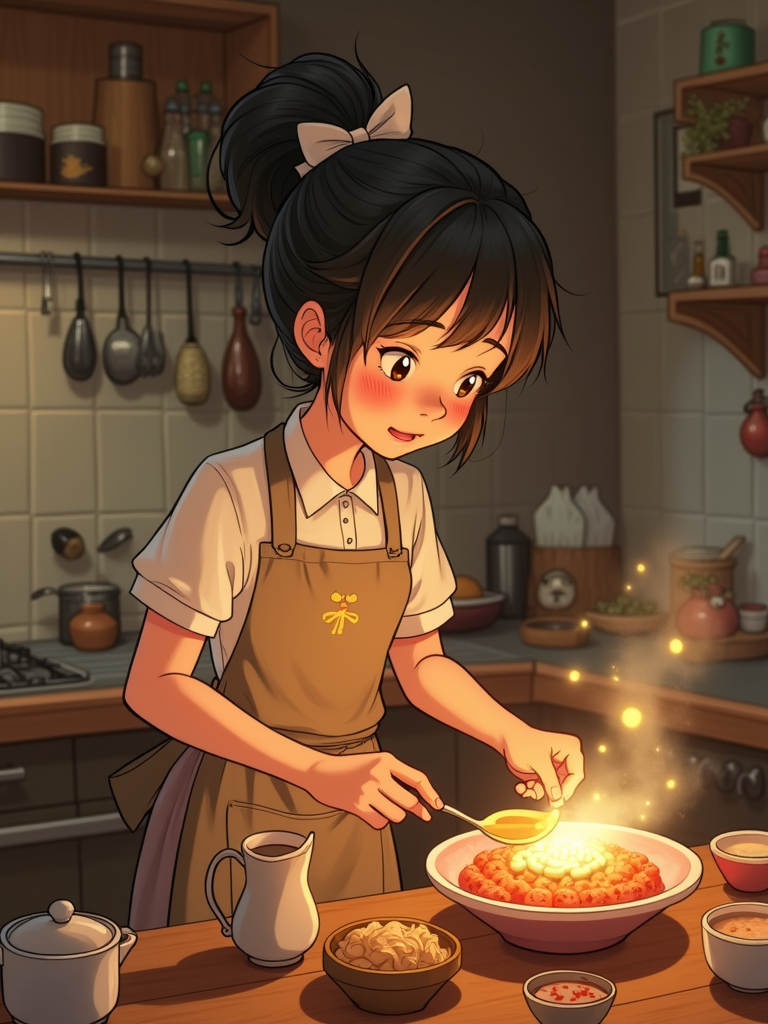 A heartwarming line art anime-inspired portrait in a cozy kitchen ...