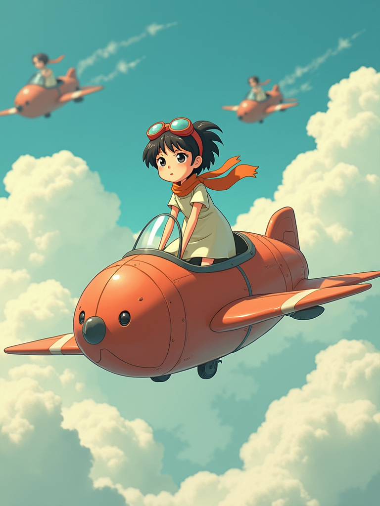 A gentle line art anime-inspired portrait aboard a flying machine, the ...