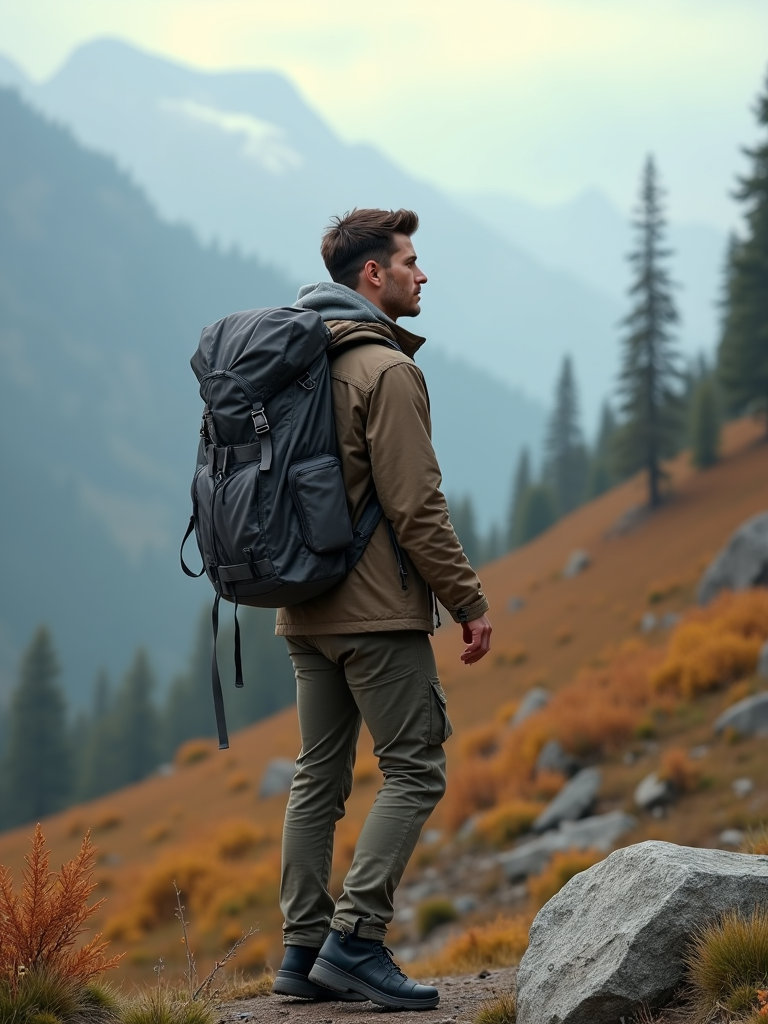 An adventurous masculine man hiking in the mountains - #19917907 ...