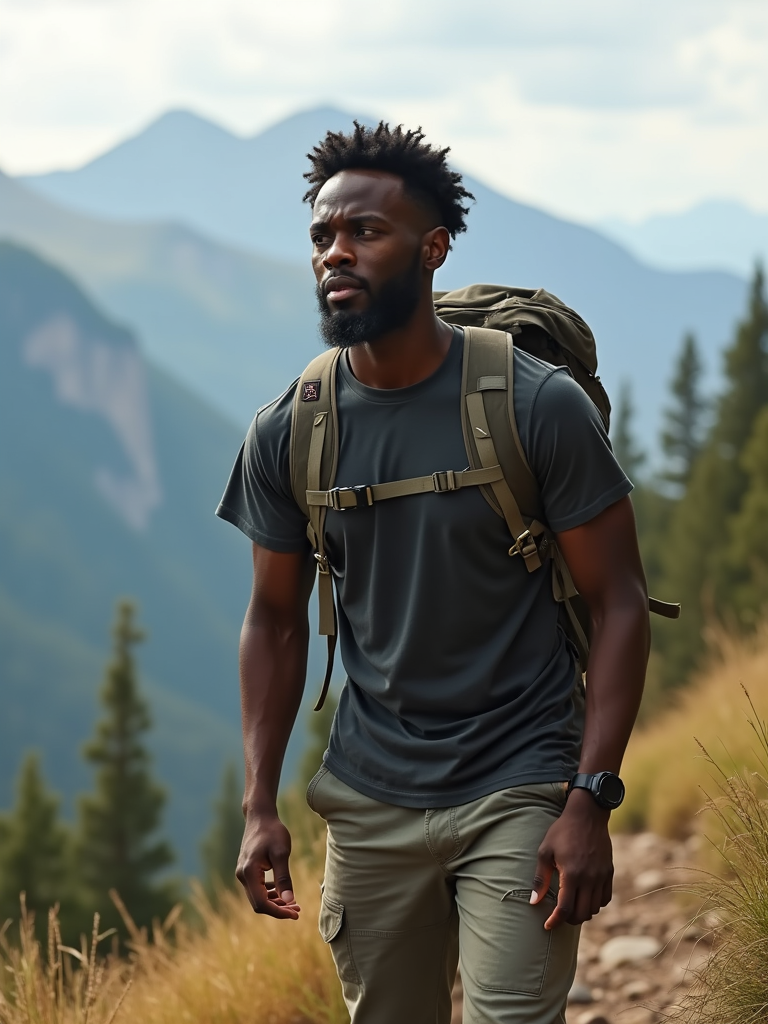 An adventurous masculine man hiking in the mountains - #19918924 ...