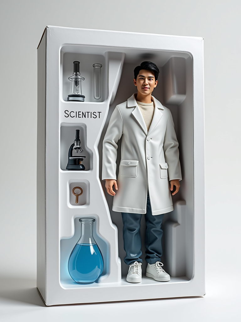 Man as an action figure in packaging labeled 'SCIENTIST EDITION'. Use ...