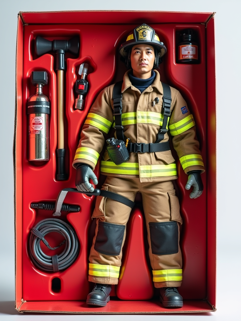 Man as an action figure in packaging labeled 'FIREFIGHTER EDITION'. Use ...
