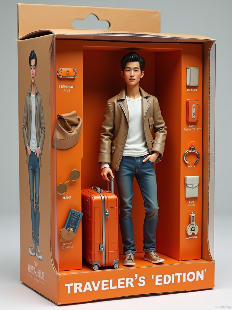 Man as an action figure in packaging labeled 'TRAVELER\'S EDITION'. Use ...