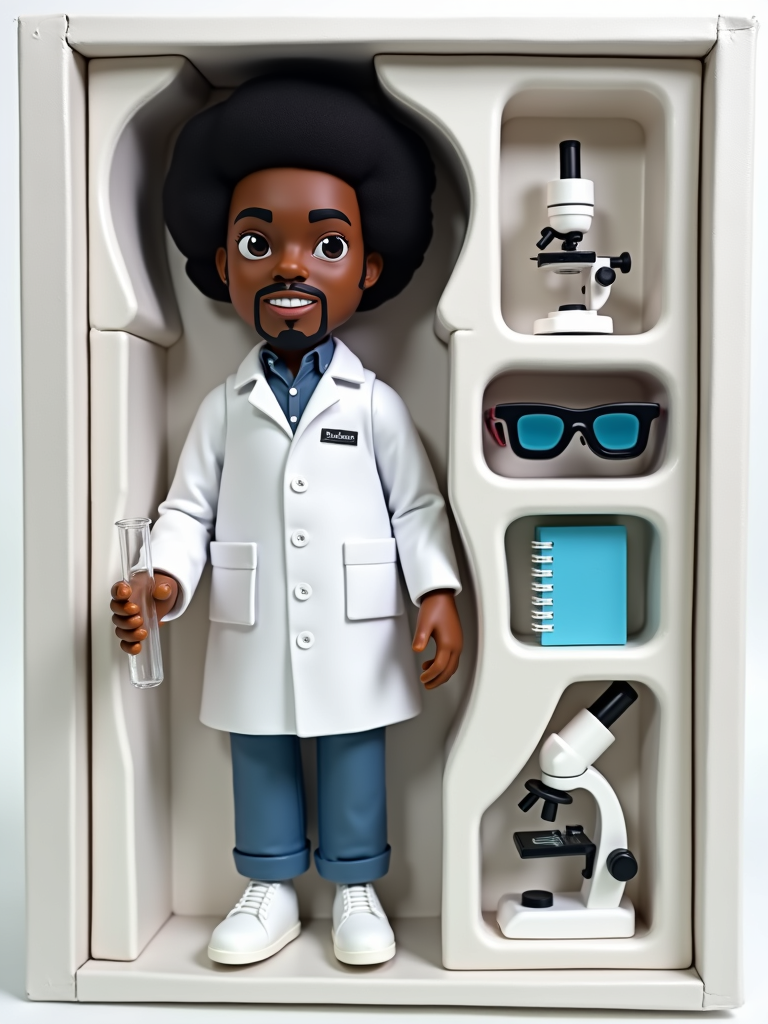 Man as an action figure in packaging labeled 'SCIENTIST EDITION'. Use ...