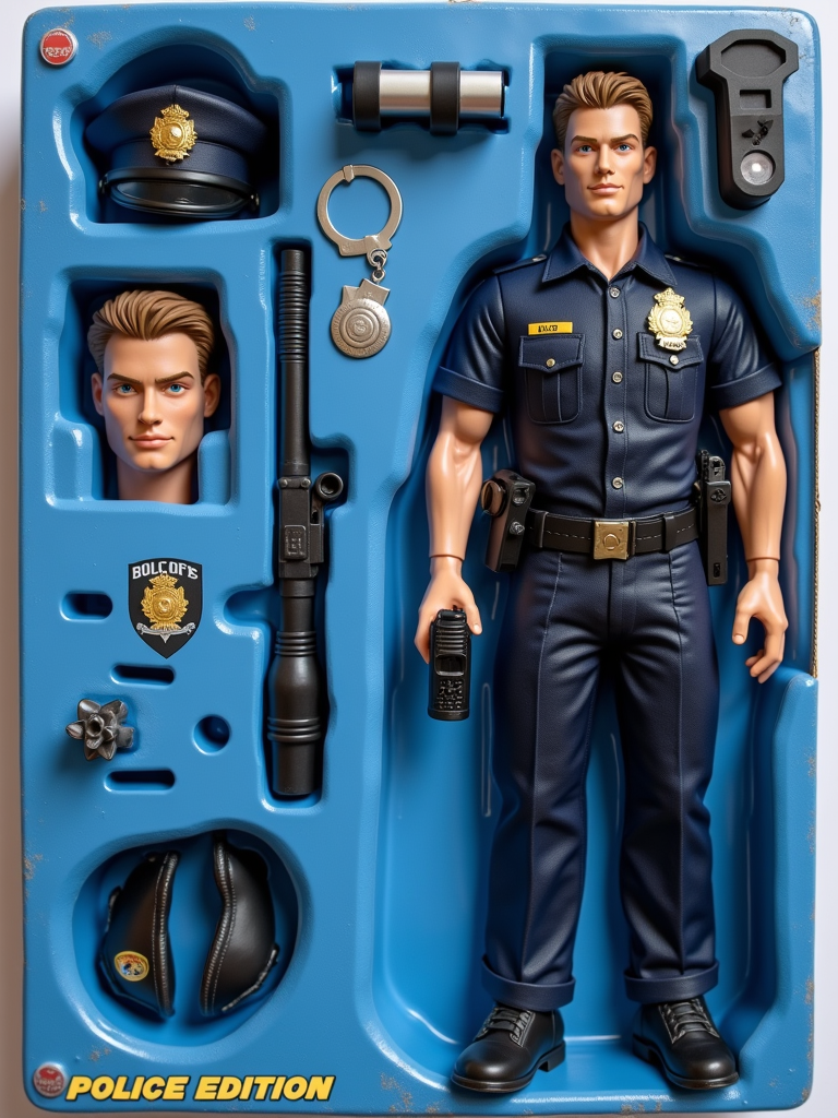 Man as an action figure in packaging labeled 'POLICE EDITION'. Use man ...