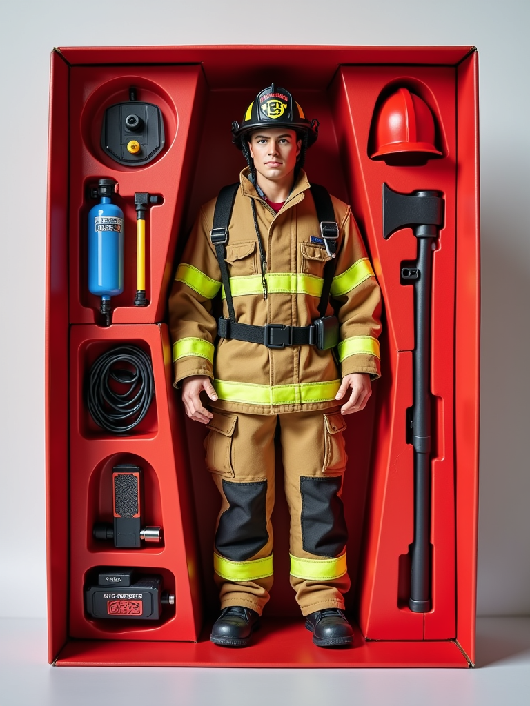 Man as an action figure in packaging labeled 'FIREFIGHTER EDITION'. Use ...