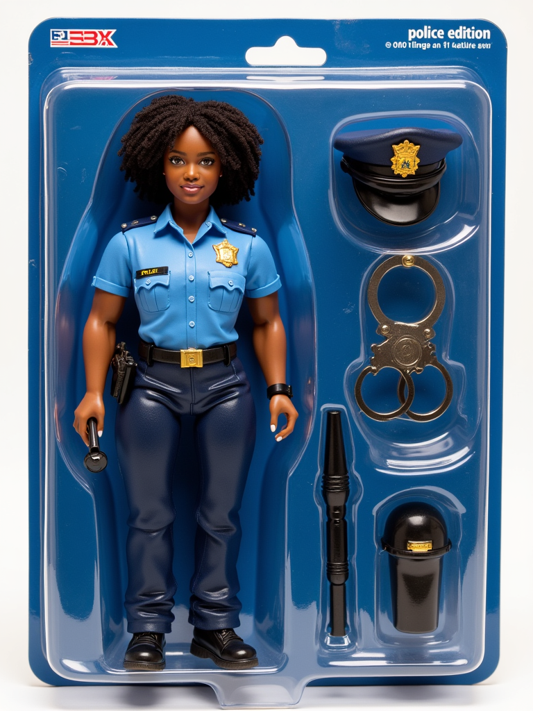 Woman as an action figure in packaging labeled 'POLICE EDITION'. Use ...