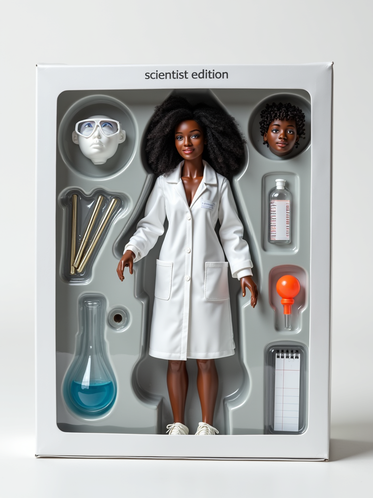 Woman as an action figure in packaging labeled 'SCIENTIST EDITION'. Use ...