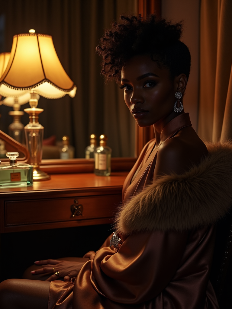 Woman in a luxurious boudoir setting, wearing a silk robe with fur trim ...