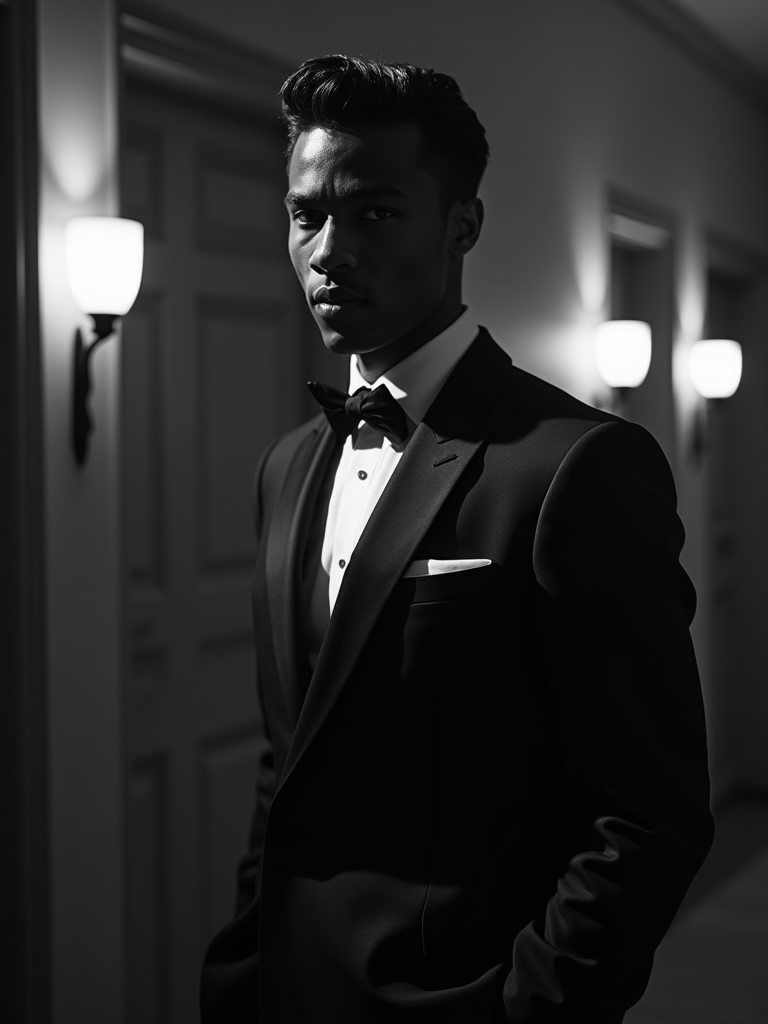 Man as a glamorous 1950s noir detective in a dimly lit film set ...