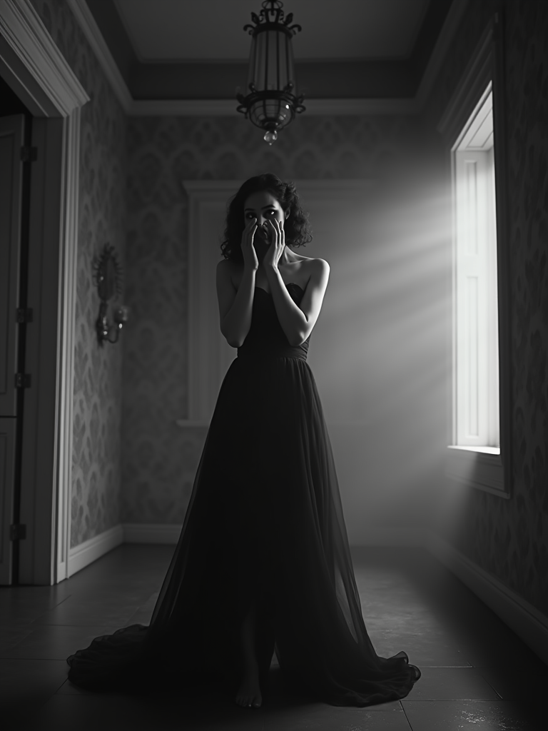 Black and white 35mm film of woman as a 1920s silent horror film scream ...