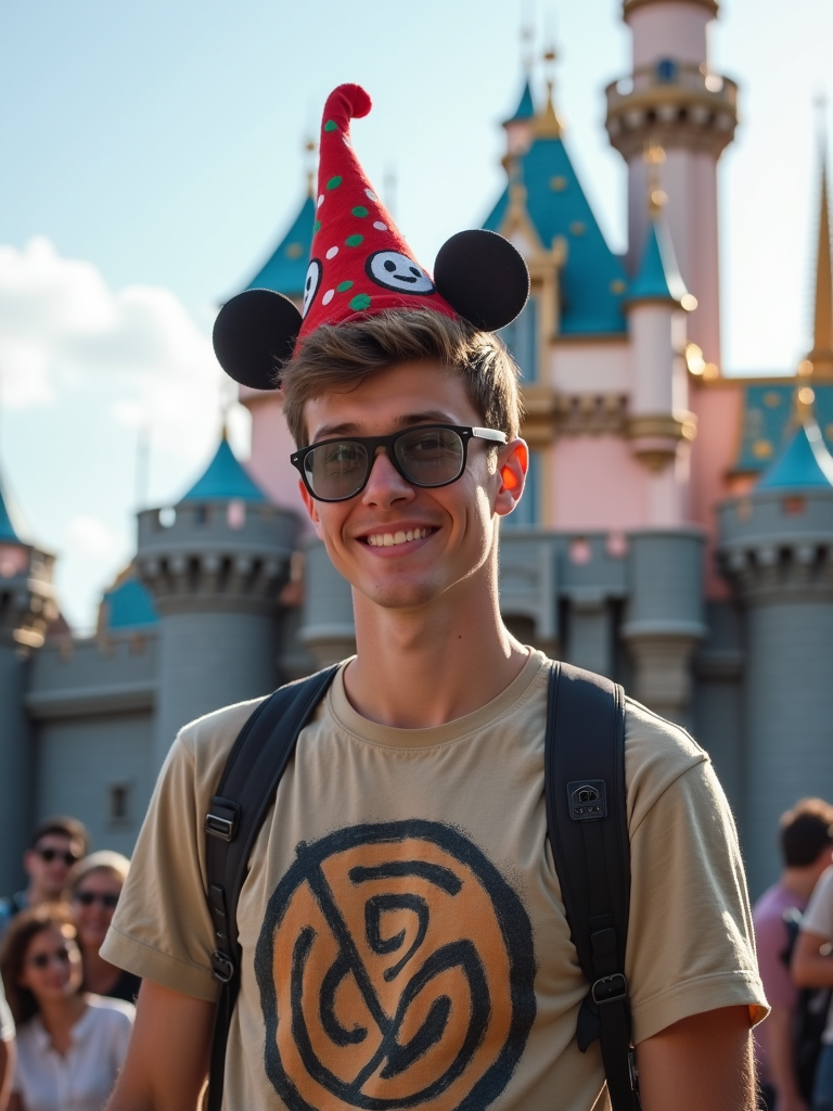 Man at Tokyo DisneySea, wearing casual Disney fan wear with character ...