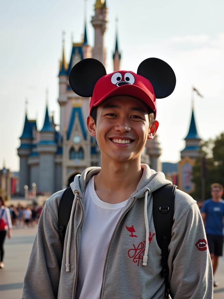 Man at Tokyo DisneySea, wearing casual Disney fan wear with character ...