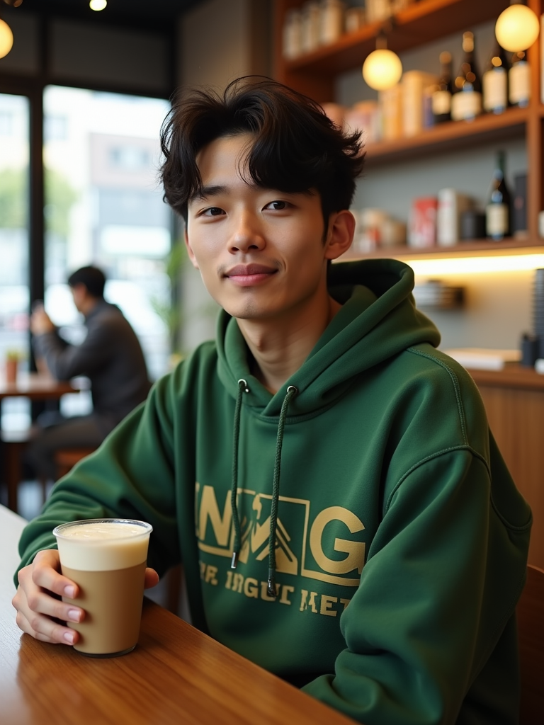 Man in a trendy café in Harajuku, wearing streetwear with Japanese ...