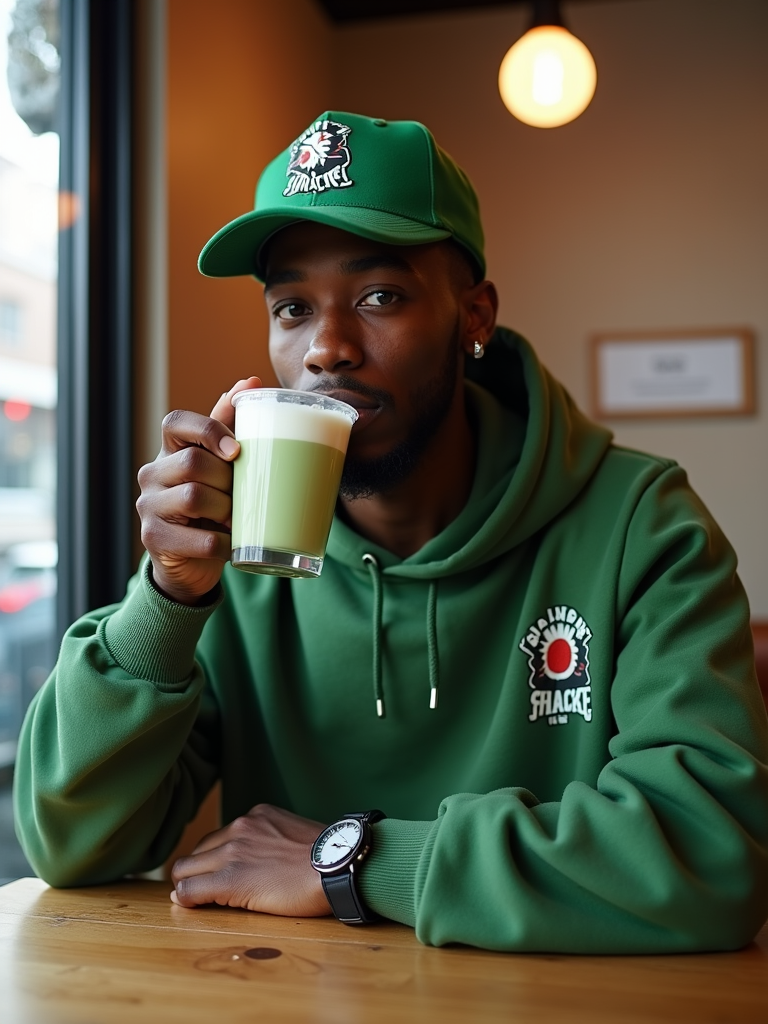 Man in a trendy café in Harajuku, wearing streetwear with Japanese ...