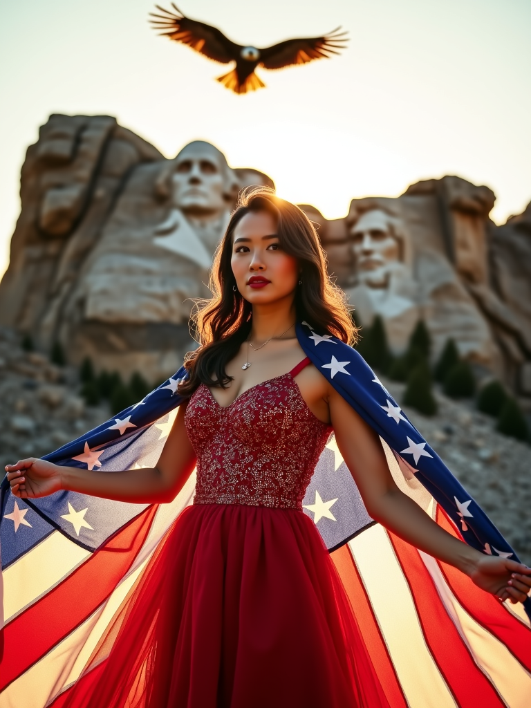 Woman in front of the iconic Mount Rushmore, wearing a red, white, and ...