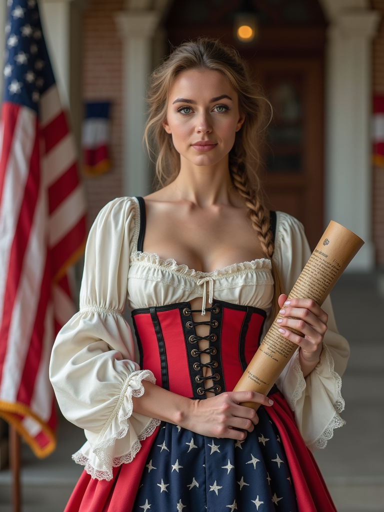 Woman in a stylized colonial outfit, tight stars and stripes corset and ...