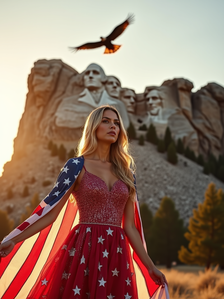 Woman in front of the iconic Mount Rushmore, wearing a red, white, and ...