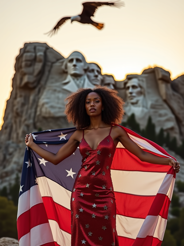 Woman in front of the iconic Mount Rushmore, wearing a red, white, and ...
