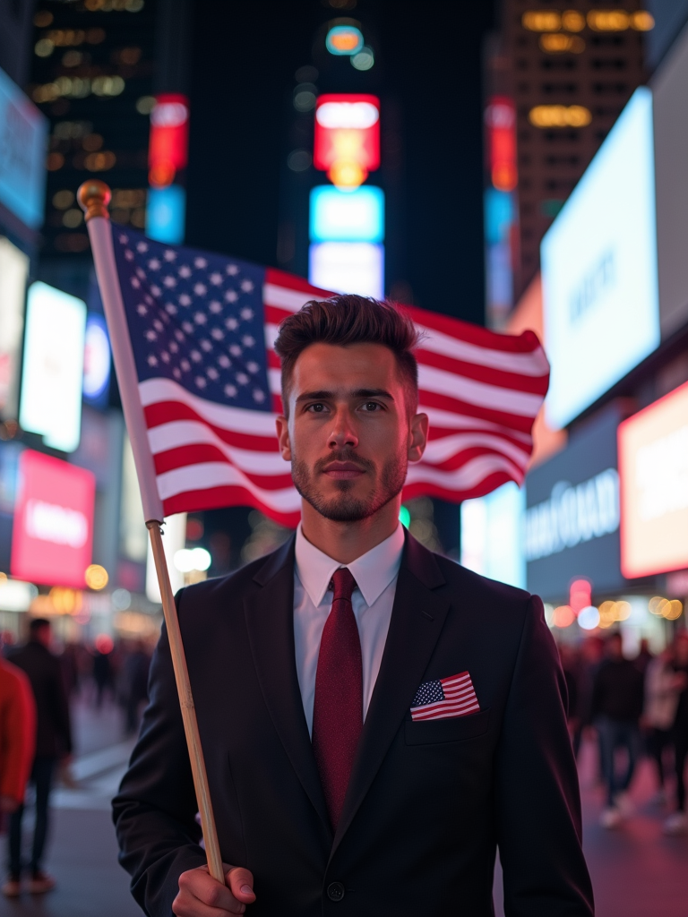 Man in Times Square at night, surrounded by the iconic neon lights ...