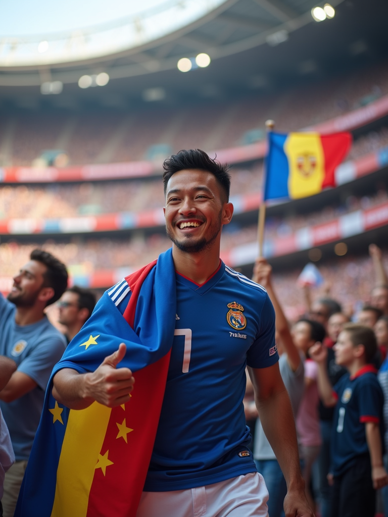 Man at a Champions League football match in a historic stadium, wearing ...
