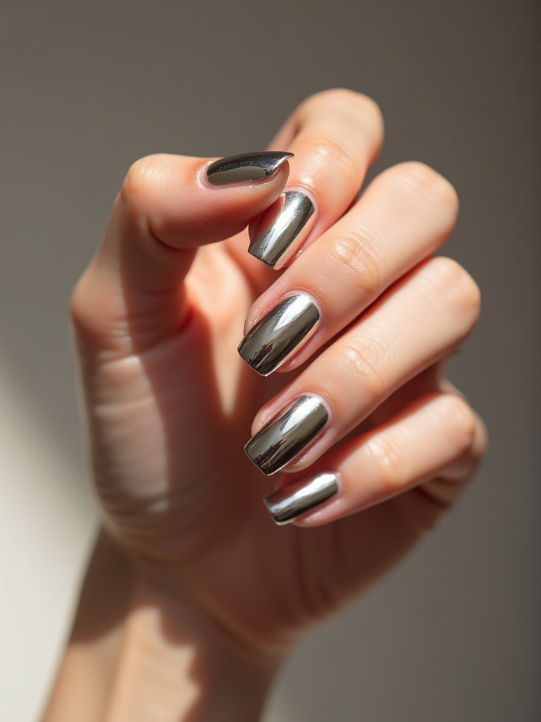 Studio shot of chrome glazed donut nails with glossy reflections, hand ...