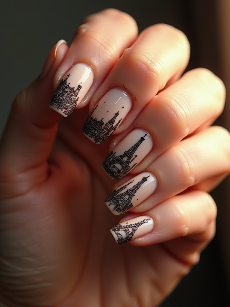Nails featuring miniature Eiffel Tower design, Parisian cityscape art ...