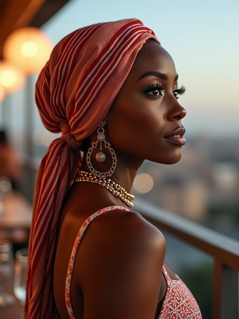 Woman wearing a striped head scarf in a full coverage style with side ...