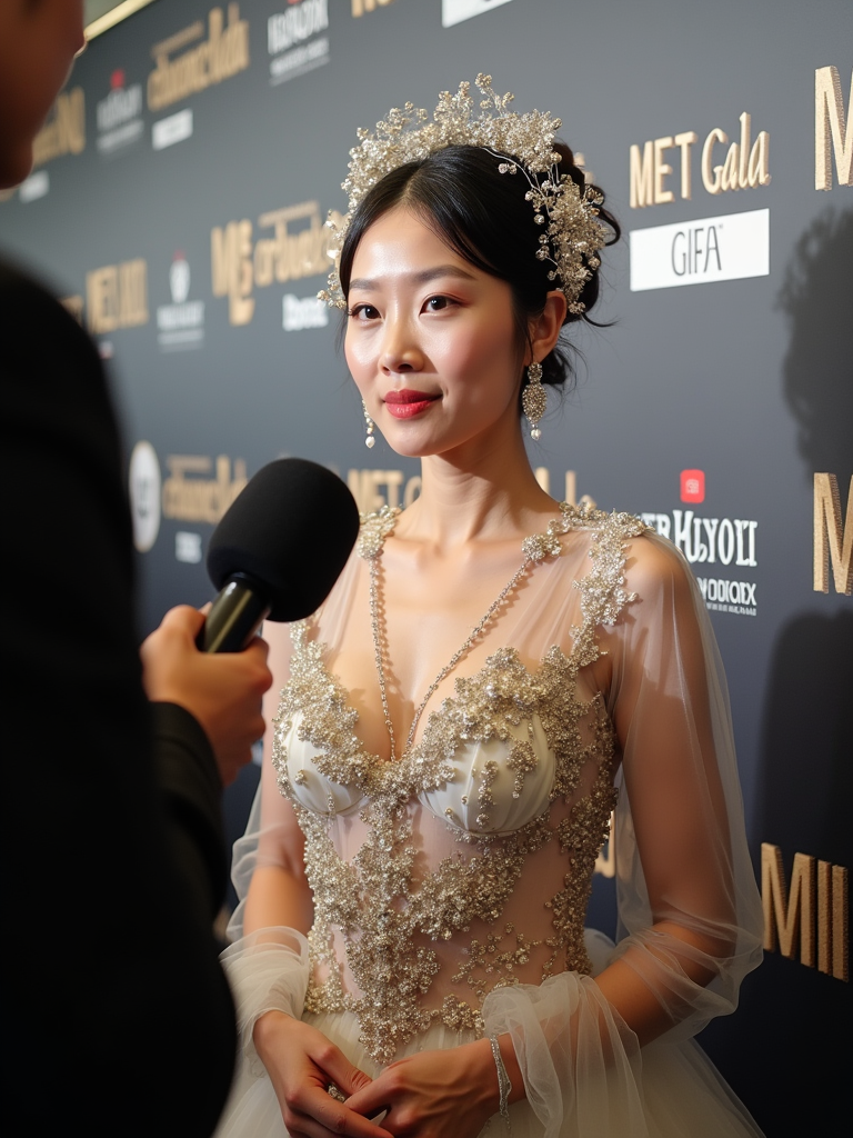 Woman being interviewed by fashion reporters at the Met Gala media wall ...