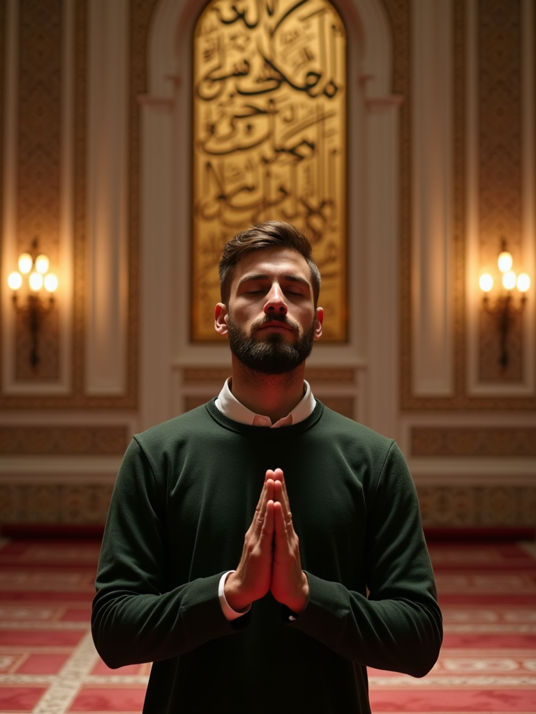 A man with hands raised in dua prayer, standing out in a beautifully ...