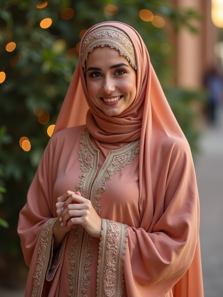 A stunning woman in a festive modest outfit for Eid celebrations ...
