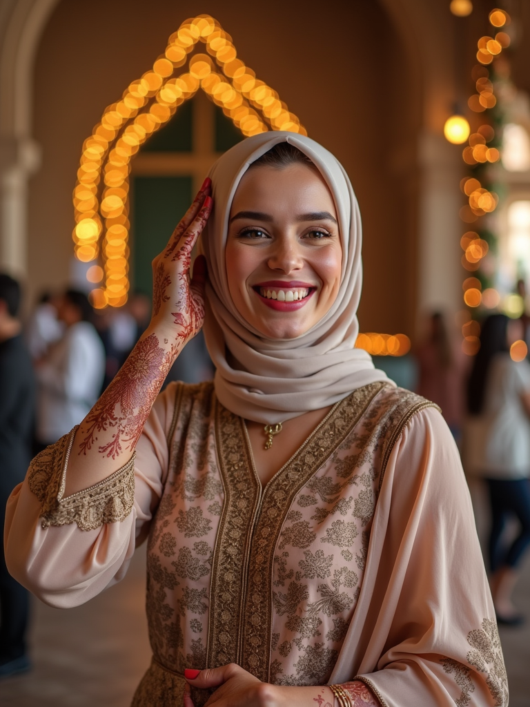 A woman in a modest yet fashionable Eid outfit , capturing their joyful ...
