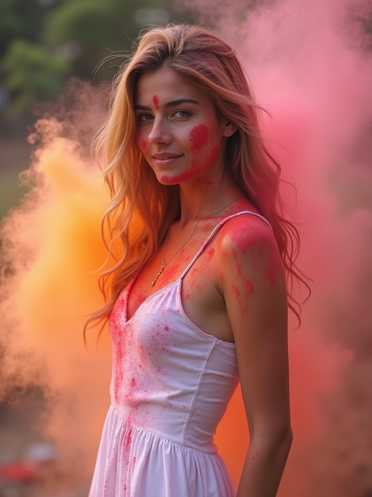 A stunning woman in a simple white dress now splashed with Holi colors ...