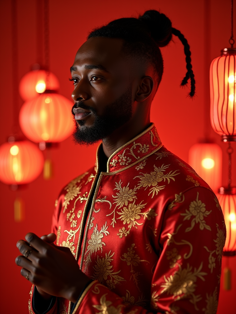 A man in a stylish outfit with traditional Chinese elements, striking a ...
